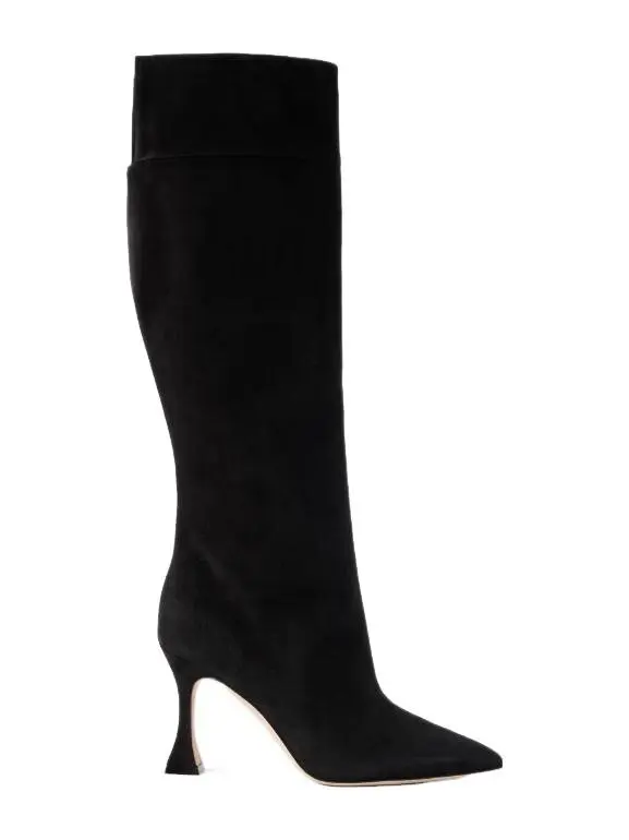 Manolo Blahnik Suede Knee High Boots With Sculptural Heel - Black