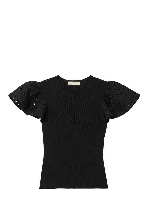 Ulla Johnson Edith Embroidered Ruffled Ribbed-knit Top - Black