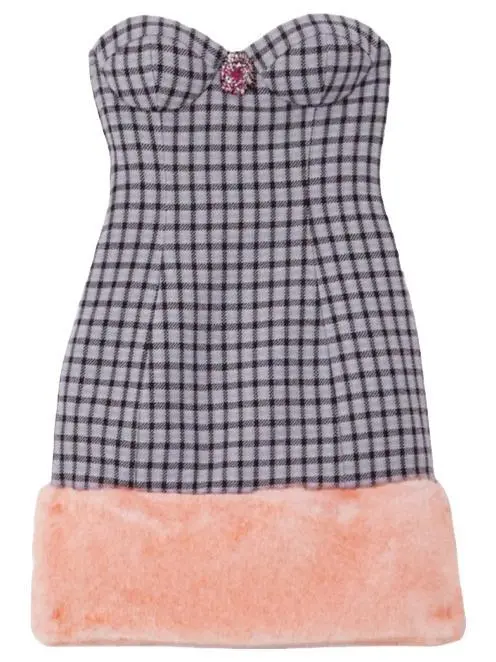 AREA Strapless Houndstooth Mini Dress With Faux Fur Trim - Gray