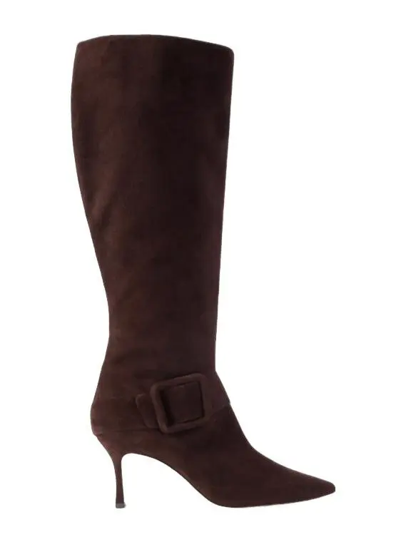 Manolo Blahnik Buckle-embellished Suede Knee-high Stiletto Boots - Black