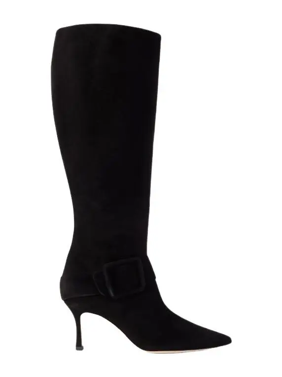 Manolo Blahnik Suede Buckle Embellished Knee-high Stiletto Boots - Black