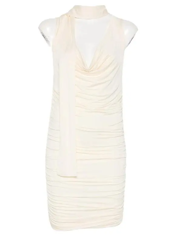 AYA MUSE Draped Midi Dress With High Neck - White