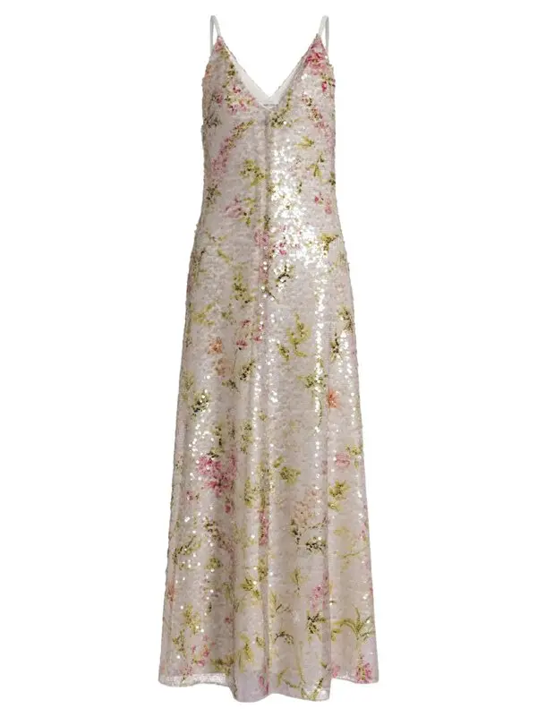 Alberta Ferretti Sequined Floral Maxi Dress - Nude