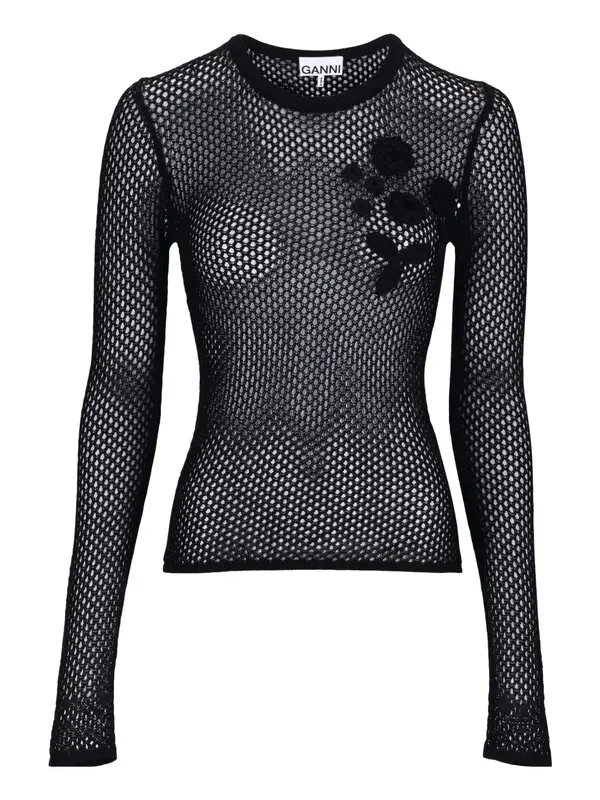 GANNI Floral Appliqué Crochet-knit Sweater - Black