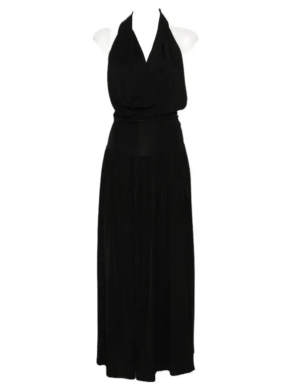 AYA MUSE Halterneck Maxi Dress With V-neck And Pleated Details - Black