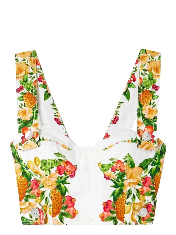 Farm Rio Cropped Linen Top With Floral And Fruit Print - Offwhite
