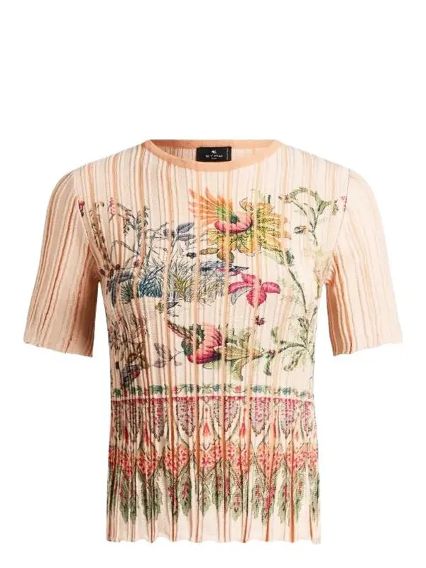 Etro Pleated Short-sleeve Sweater With Placed Print - Nude
