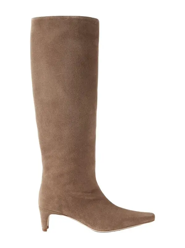 Staud Suede Mid Calf Boots With Sculptural Kitten Heel - Brown