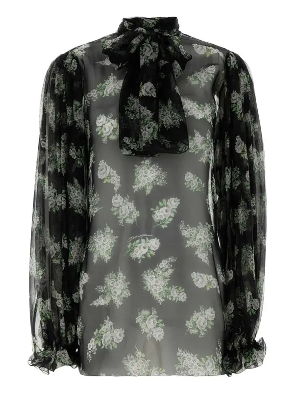 Dolce & Gabbana Sheer Floral Bow-neck Blouse - Black