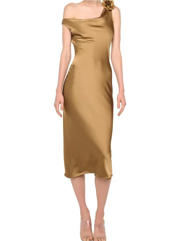 Norma Kamali Drop Shoulder Floral Embellished Dress - Camel
