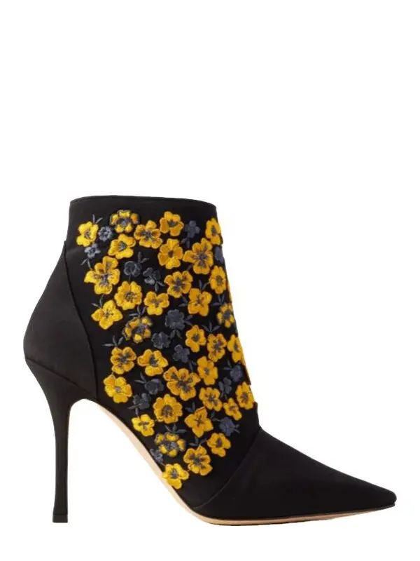 Manolo Blahnik Embroidered Floral Silk Ankle Boots - Black