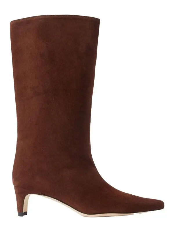 Staud Suede Mid-calf Boots With Sculptural Kitten Heel - Brown