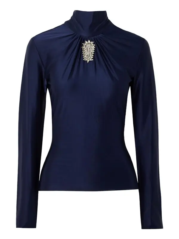 Rabanne Pleated Turtleneck Top With Crystal Embellishments - Navy