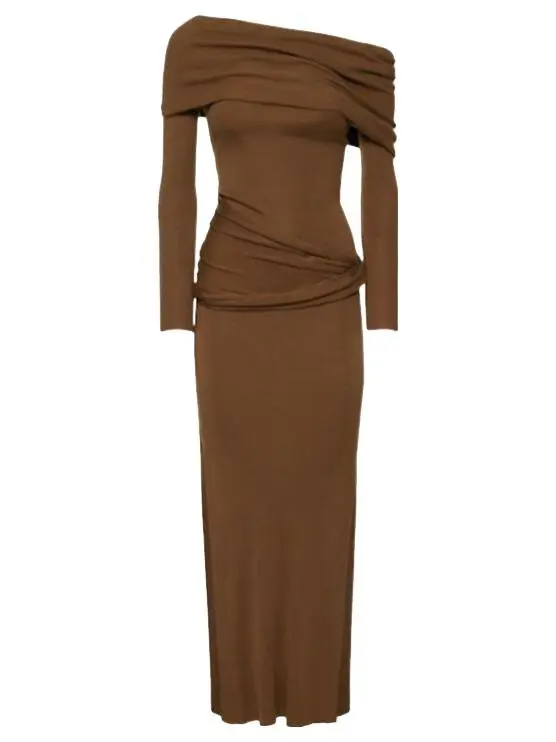 AYA MUSE Long Sleeve Draped Maxi Dress With Slit - Brown