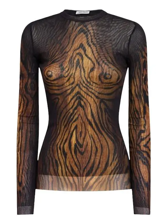 JEAN PAUL GAULTIER Wood Grain Print Mesh Long Sleeve Top - Black