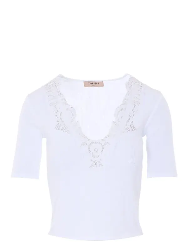 TWINSET Lace Trim Cropped T-shirt - White