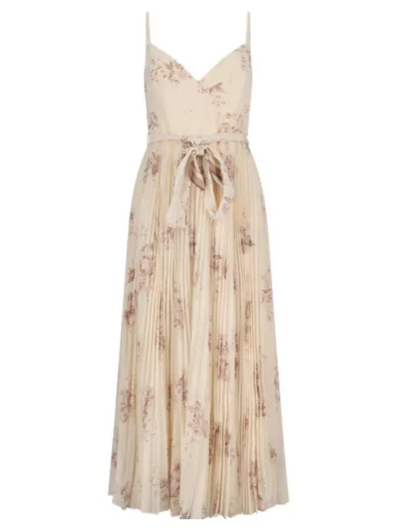Zimmermann Sunray Pleated Floral Midi Dress - Nude