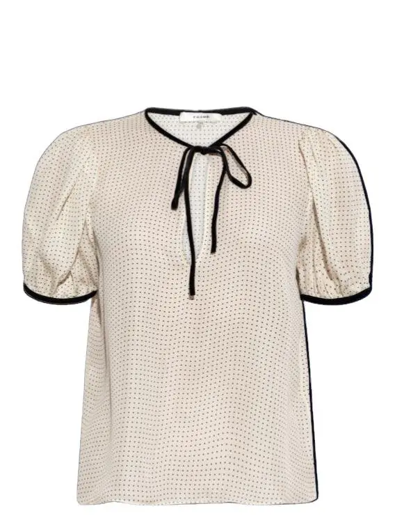 FRAME Polka Dot Puff Sleeve Blouse With Tie Neck - No