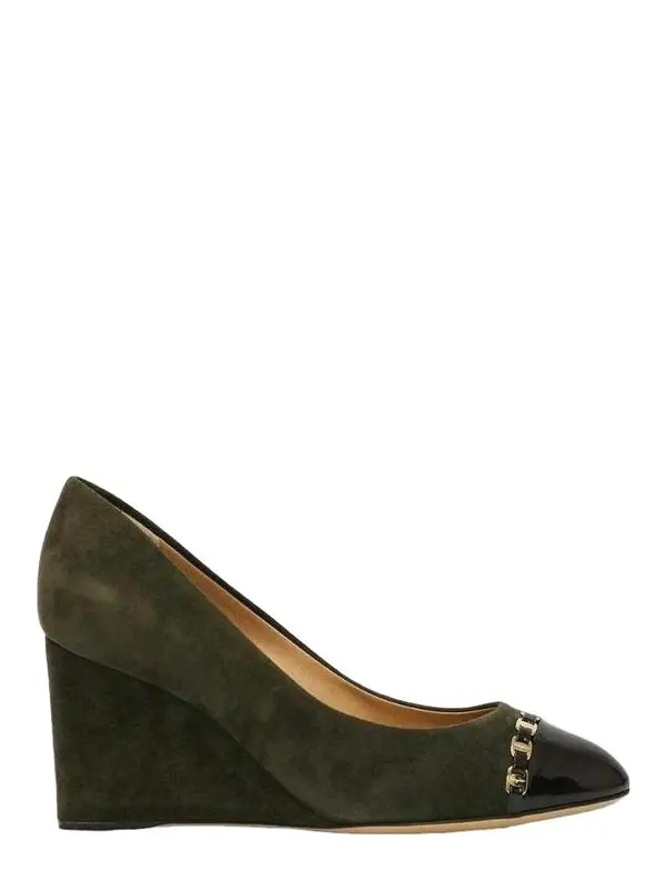 FERRAGAMO Dark Green Suede Wedge Heels - Black