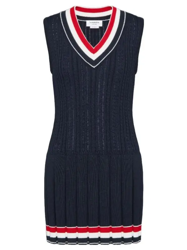 Thom Browne Sleeveless V-neck Pleated Mini Dress - Navy Blue