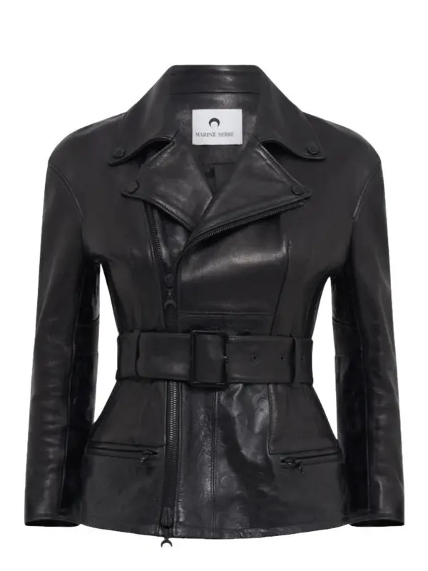 MARINE SERRE Belted Leather Perfecto Jacket - Black