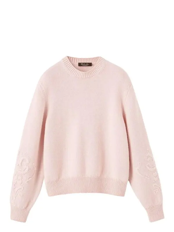 Loro Piana Classic Crewneck Sweater With Embroidered Sleeves - Light Rose Powder
