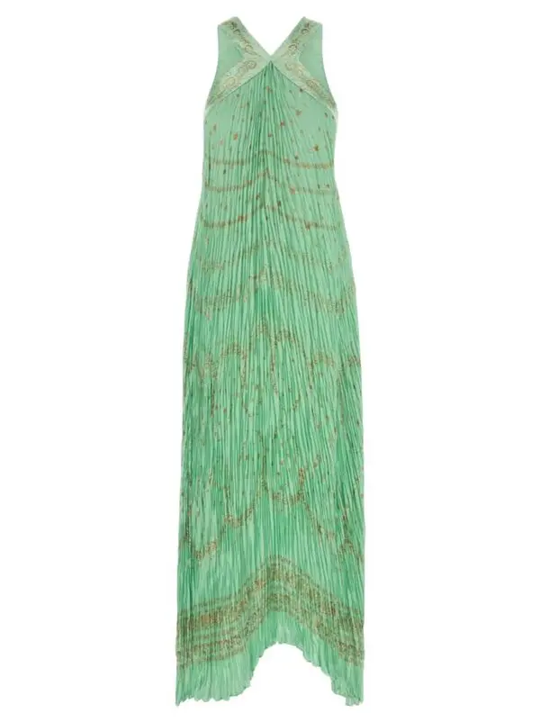 Alberta Ferretti Pleated Embellished Halterneck Maxi Dress - Green