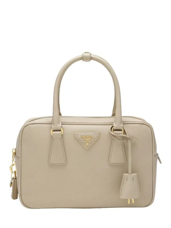 Prada Saffiano Leather Top-handle Bag With Metal Logo - Light Brown
