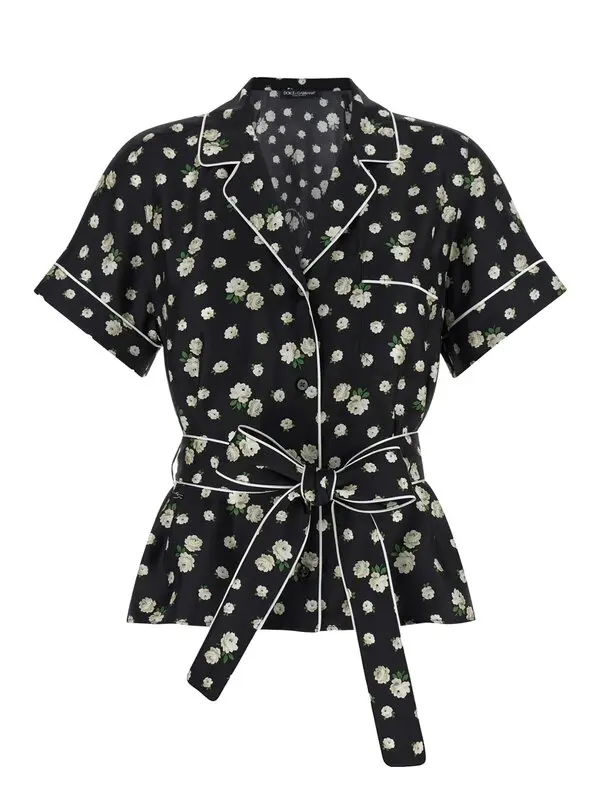 Dolce & Gabbana Floral Print Short Sleeve Belted Shirt - Black
