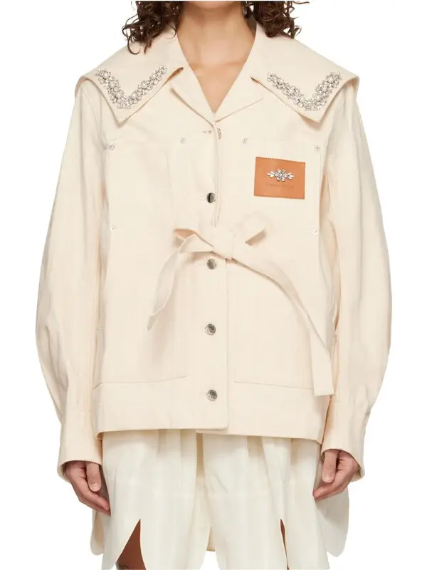 Simone Rocha Sailor Collar Crystal Embellished Denim Jacket - White