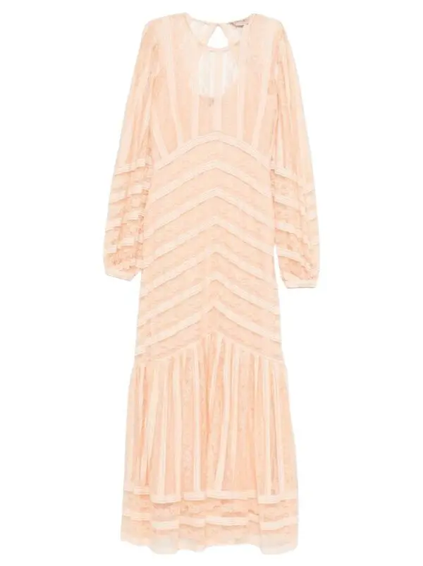 TWINSET Round Neck Long Sleeve Lace Dress - Nude