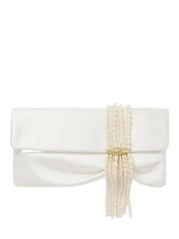 JIMMY CHOO Pearl Embellished Satin Clutch - White