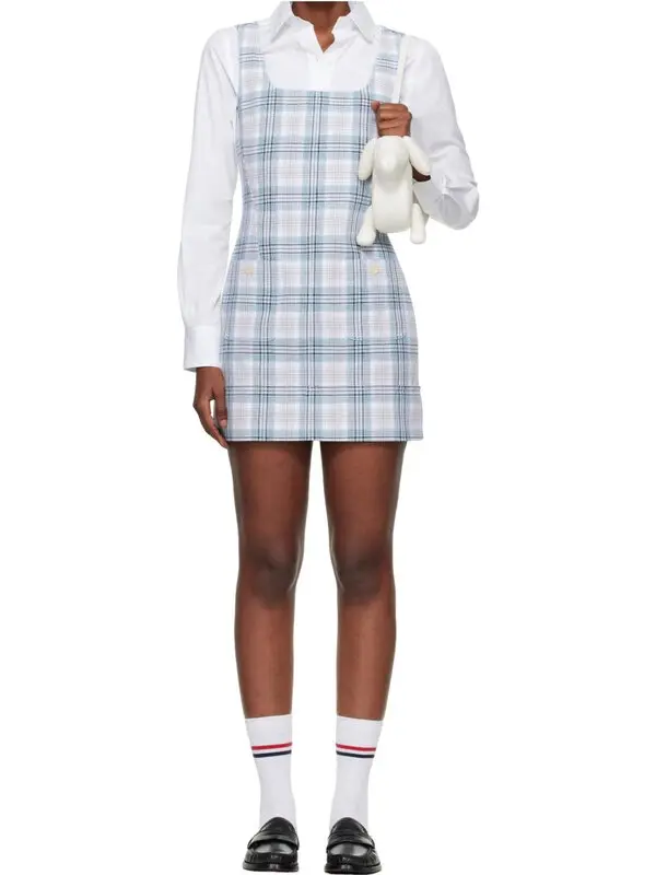 Thom Browne Plaid Square Neck Suspender Dress - White