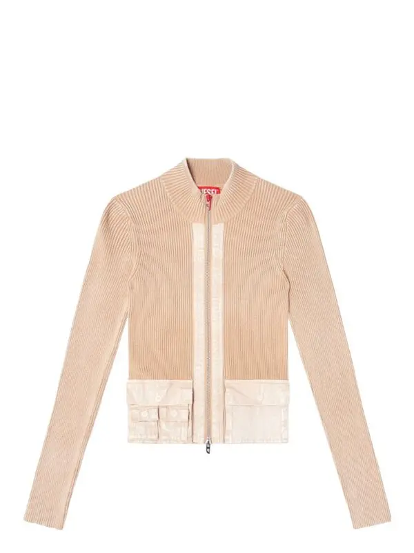 DIESEL® Rib-knitted Mock Neck Cardigan With Denim Accents - Beige