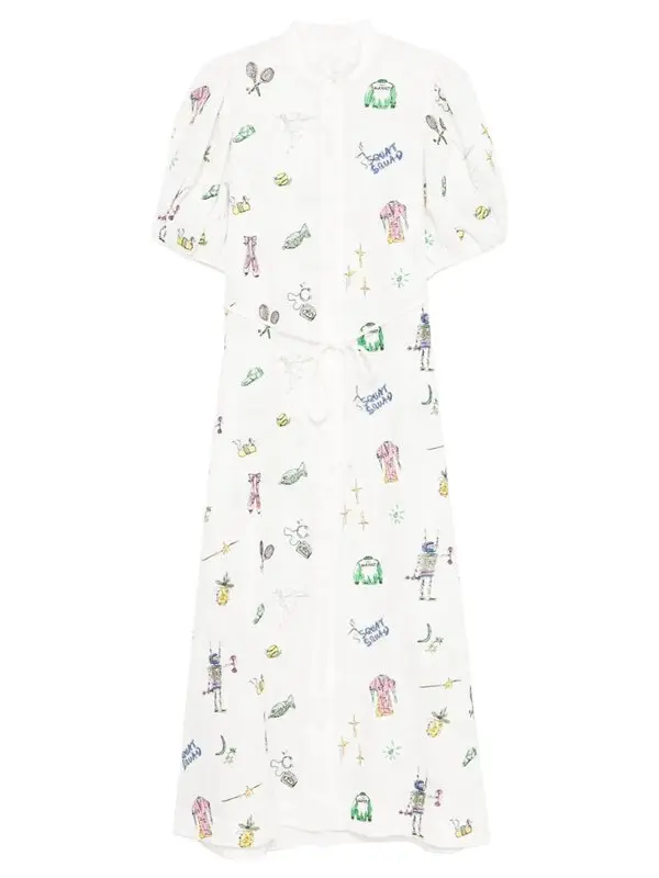 ALEMAIS Short-sleeved High-collar Printed Dress - White
