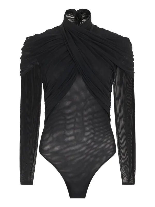 MUGLER Draped Mesh Long Sleeve Bodysuit - Black