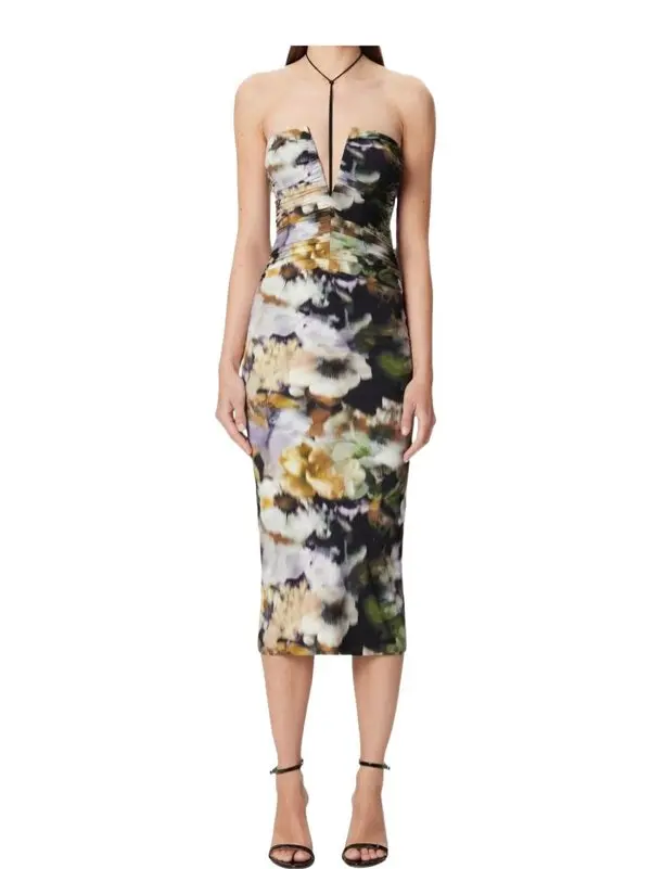AMAZUIN Strapless V-neck Floral Print Knotted Ruched Midi Dress - Nude