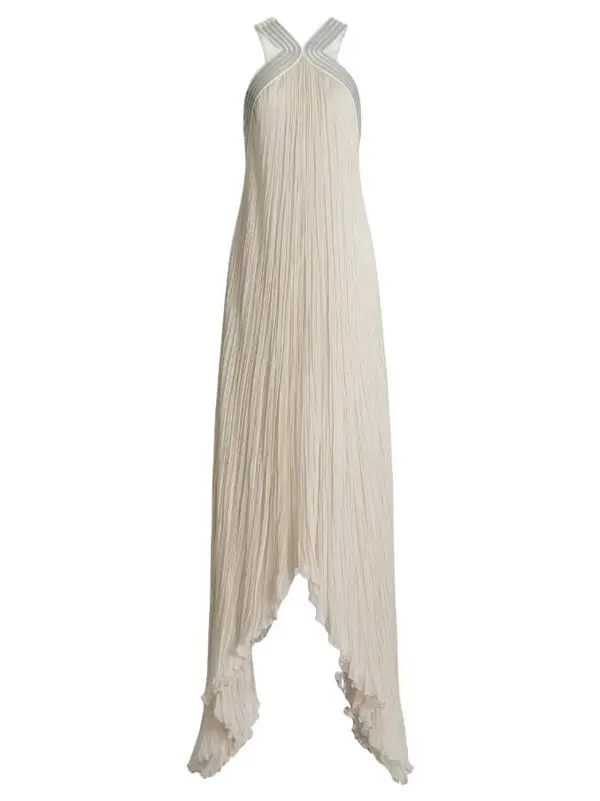 Alberta Ferretti Plissé Metallic Embroidered Collar Chiffon Gown - Nude