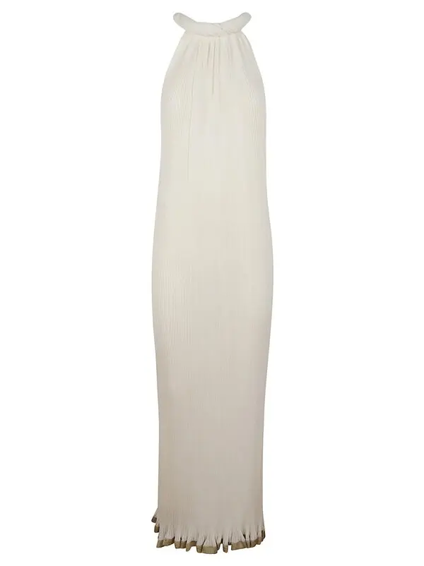 Alberta Ferretti Long Plissé Knit Halterneck Dress - White