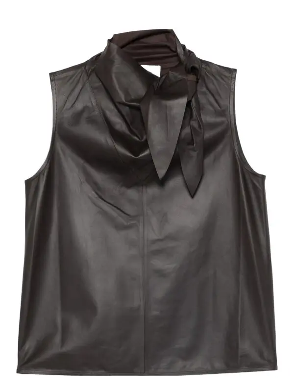 YVES SALOMON Sleeveless Lambskin Top With Draped Neckline And Tie Details - Brown