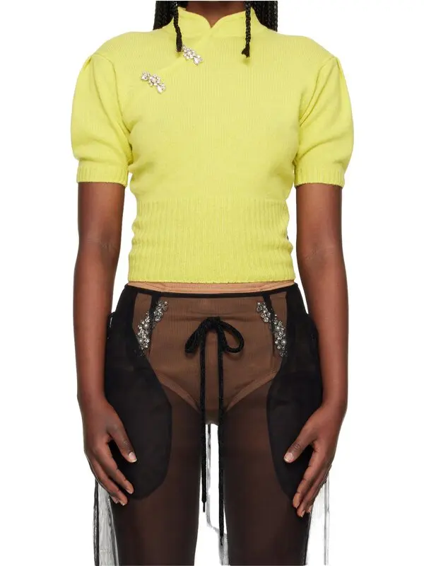 Simone Rocha Short-sleeved Cashmere Sweater With Crystal Embellishment - Yellow