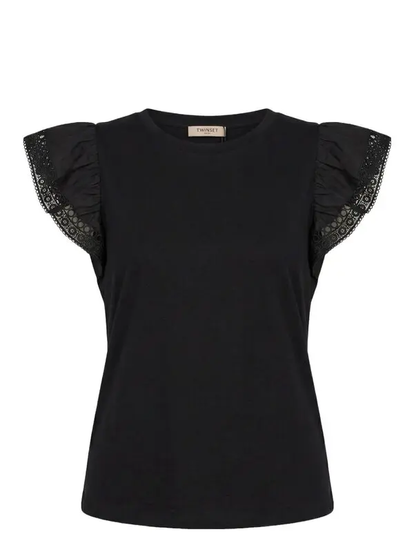 TWINSET Lace Trim Ruffle Sleeve T-shirt - Black
