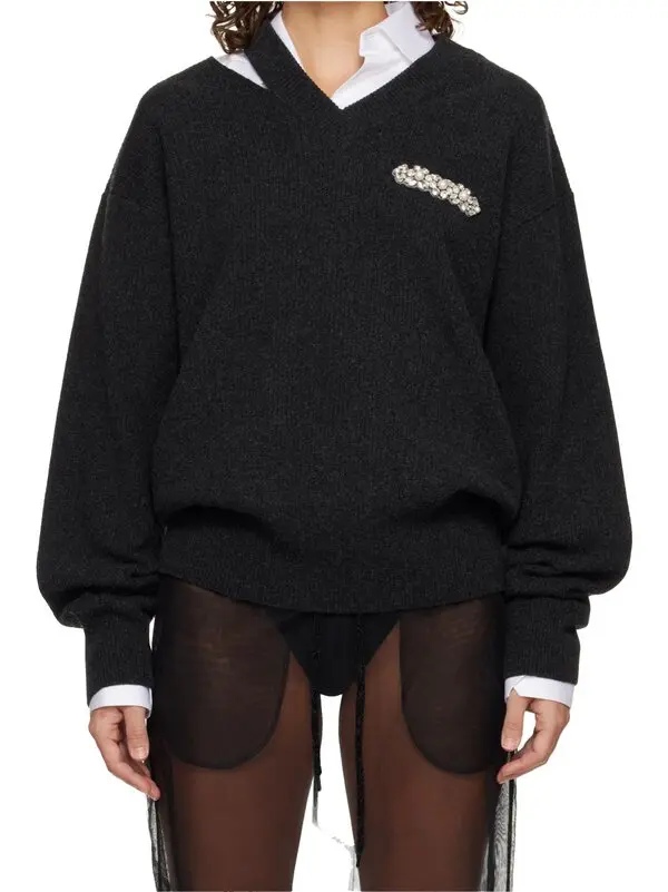 Simone Rocha V-neck Embellished Wool Blend Sweater - Black