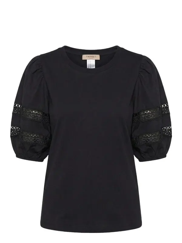TWINSET Broderie Balloon Sleeve T-shirt - Black