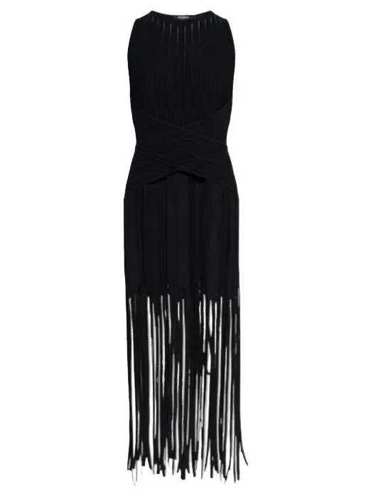 Balmain Sleeveless Round Neck Knit Dress With Fringe - Black