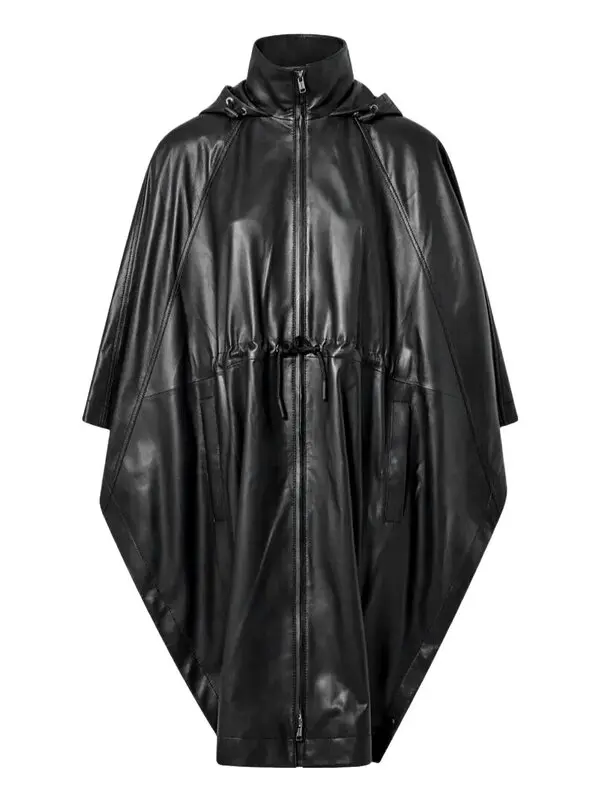YVES SALOMON Hooded Waterproof Leather Cape - Black