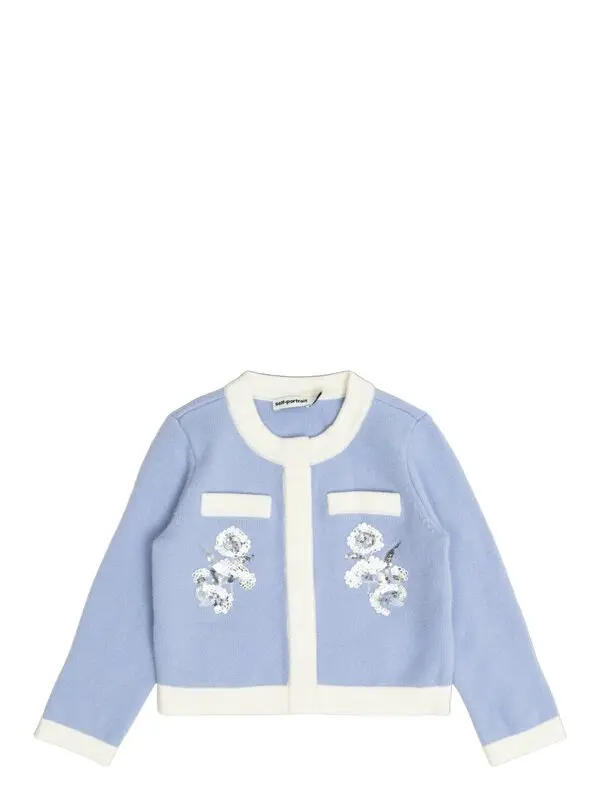 SELF-PORTRAIT Long-sleeved Knitted Cardigan With Floral Embellishments - Blue