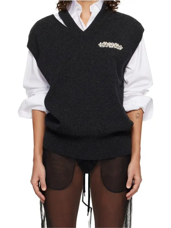 Simone Rocha V-neck Wool Blend Vest With Crystal And Pearl Embellishment - Black
