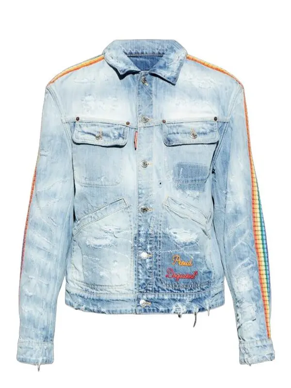 Dsquared2 Embroidered Distressed Denim Jacket - Blue