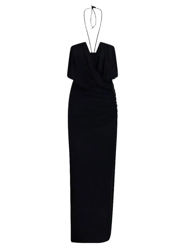AMAZUIN Backless Halter Neck Maxi Dress With Draped Details - Black